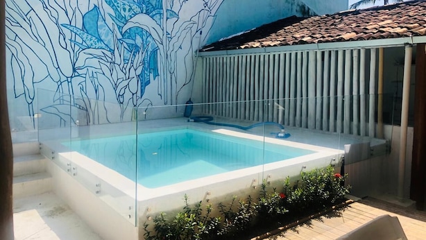 Piscina com cobertura de vidro, rodeada por um deck de concreto e um mural com plantas.