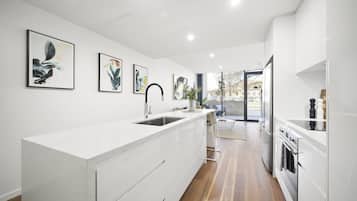 Apartamento Executivo, 1 quarto | Cozinha privada | Um frigorífico/congelador grande, um micro-ondas, um forno
