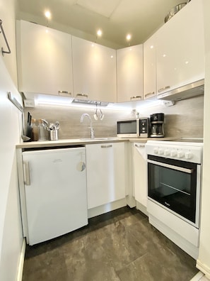 Suite-Estúdio Cidade | Cozinha privada | Um frigorífico, um micro-ondas, um forno, uma placa de cozinha