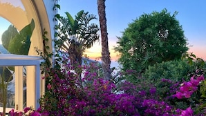 Um jardim com flores de bougainvillea, palmeiras e vista para o pôr do sol.