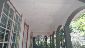 Um corredor coberto com tetos abobadados e janelas, que dá para uma área externa com árvores e flores.