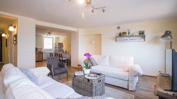 Casa de Férias Família, vários quartos, junto à montanha (Plesio Rustico Panoramica) | Sala de estar | TV de ecrã plano