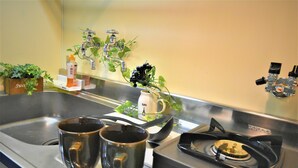Uma cozinha com fogão a gás, duas canecas de aço inoxidável, pia, planta em vaso e frasco de sabonete líquido.