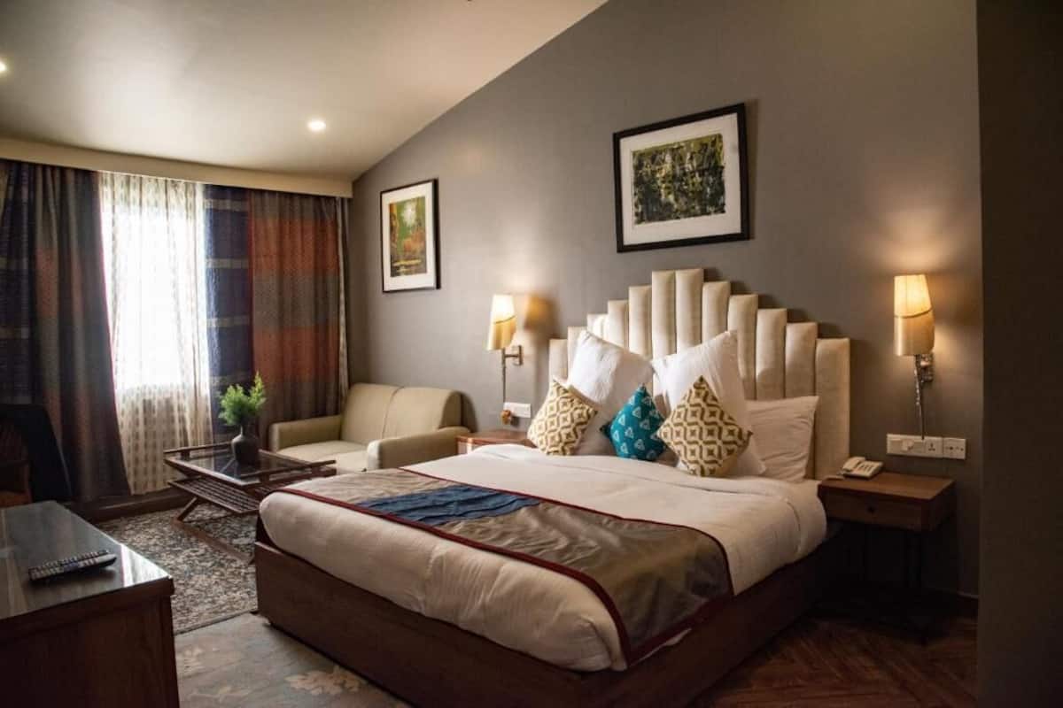 Quarto de hotel com uma cama grande, um sofá, uma escrivaninha e uma cadeira. Há duas mesas de cabeceira com luminárias e uma pequena mesa com uma planta.