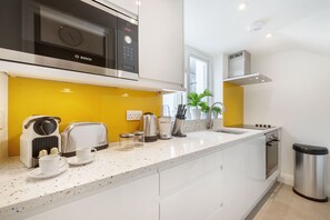 Estúdio, 1 cama de casal | Cozinha privada | Um frigorífico, um micro-ondas, um forno, uma placa de cozinha