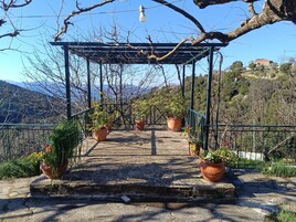 Uma área externa com piso de pedra, pérgola de metal, plantas em vasos e vista para uma paisagem montanhosa.