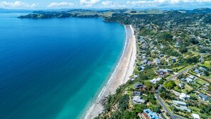 Vista aérea de uma cidade costeira com praia, casas e vegetação.