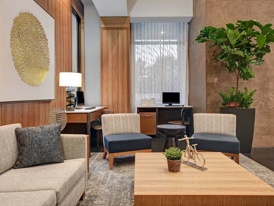 Quarto de hotel moderno com uma janela ampla, uma escrivaninha de madeira, duas poltronas, uma mesinha de centro e uma planta grande.