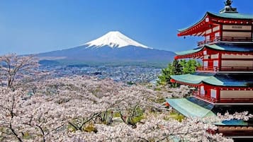 Uma pagoda japonesa tradicional com uma montanha nevada ao fundo.