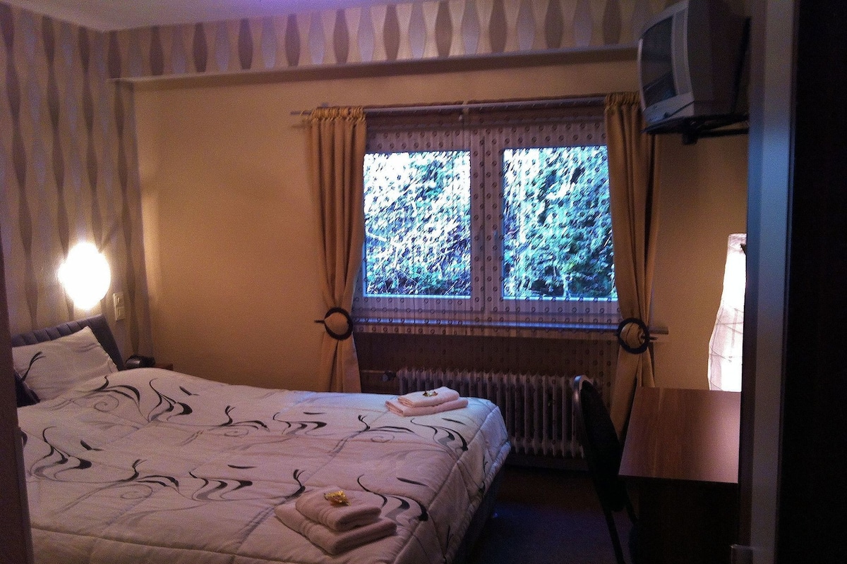 Quarto de hotel com cama, janela com cortinas, radiador e televisão na parede.