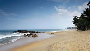 Uma praia com areal, palmeiras e mar calmo.