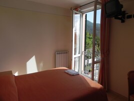 Quarto com cama, radiador, televisão e janela com vista para área verde.