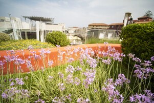 Um jardim no terraço com flores roxas e grama verde.