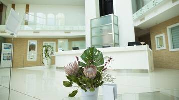 Uma área de recepção moderna, com balcão, um vaso de planta e uma vitrine de vidro.