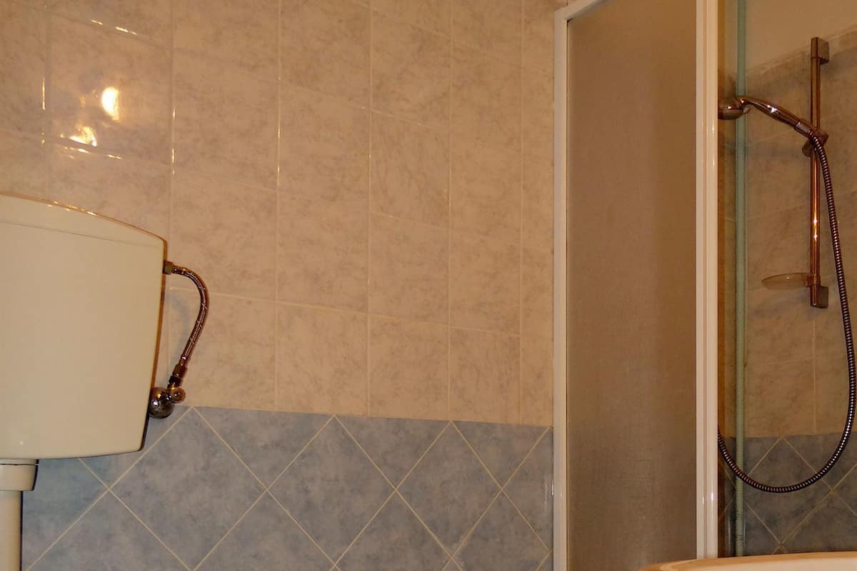 Chuveiro, secador de cabelo, toalhas de banho