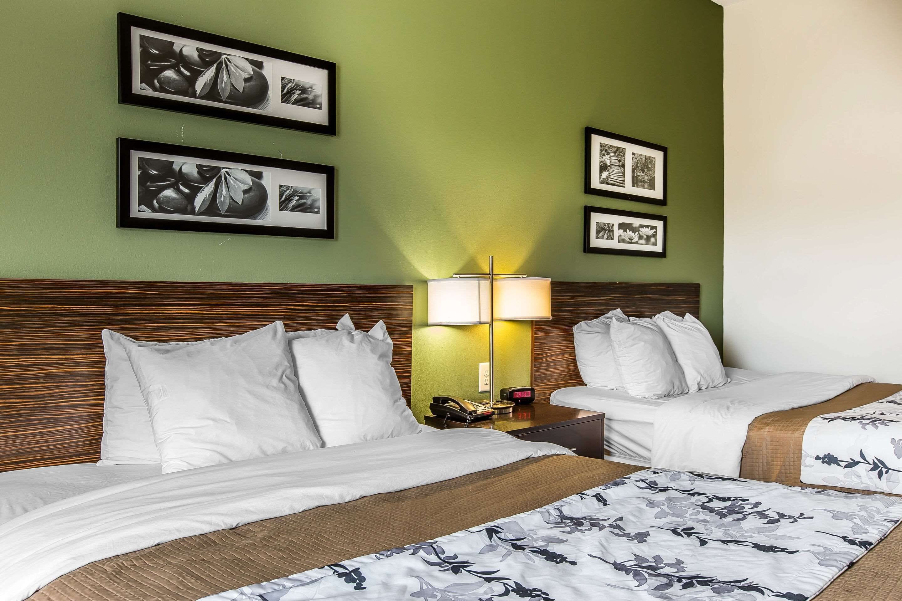 Quarto de hotel com duas camas, cabeceira de madeira, mesa de cabeceira com abajur e quadros na parede.