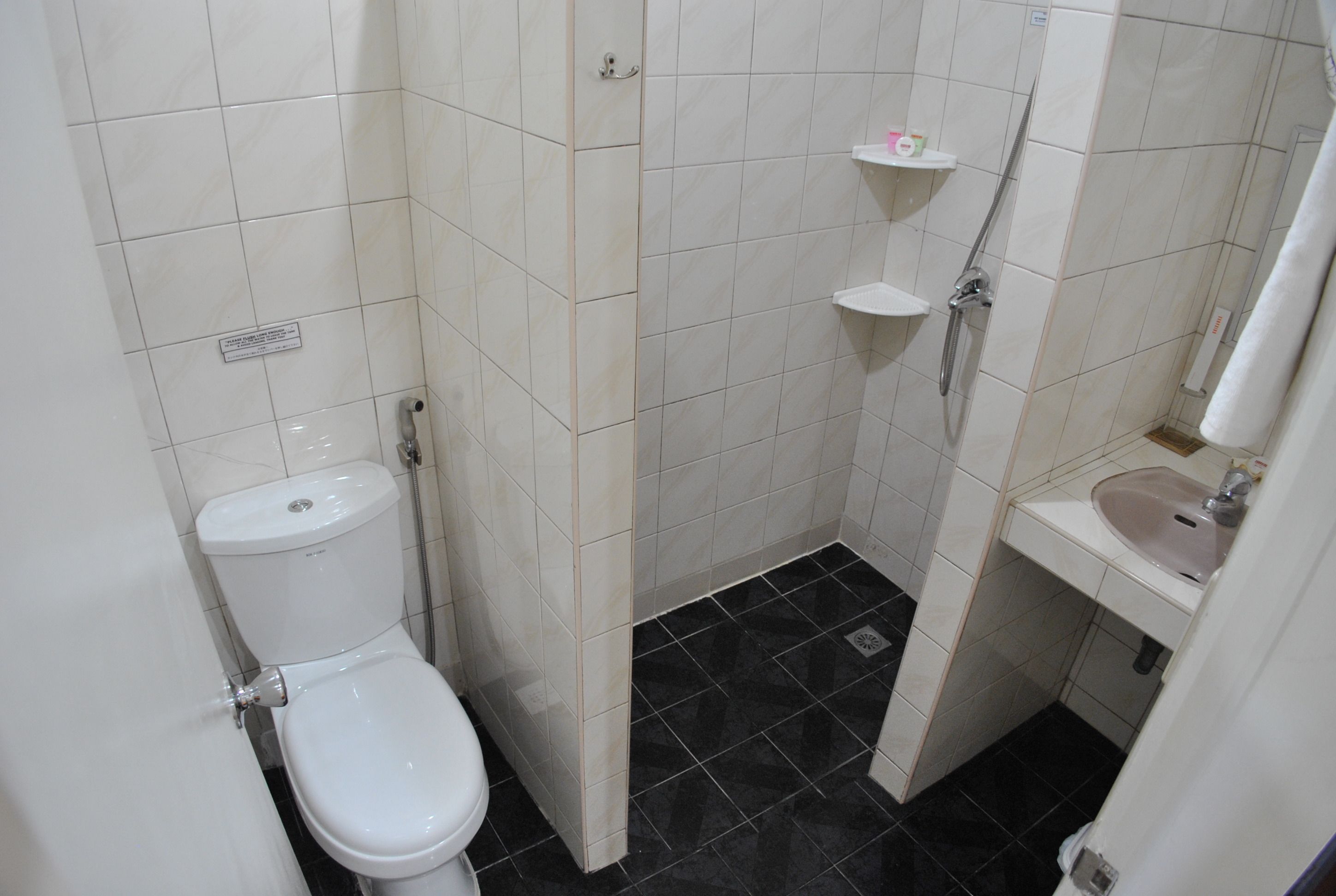 Casa de banho pequena e compacta com sanita, chuveiro e lavatório.