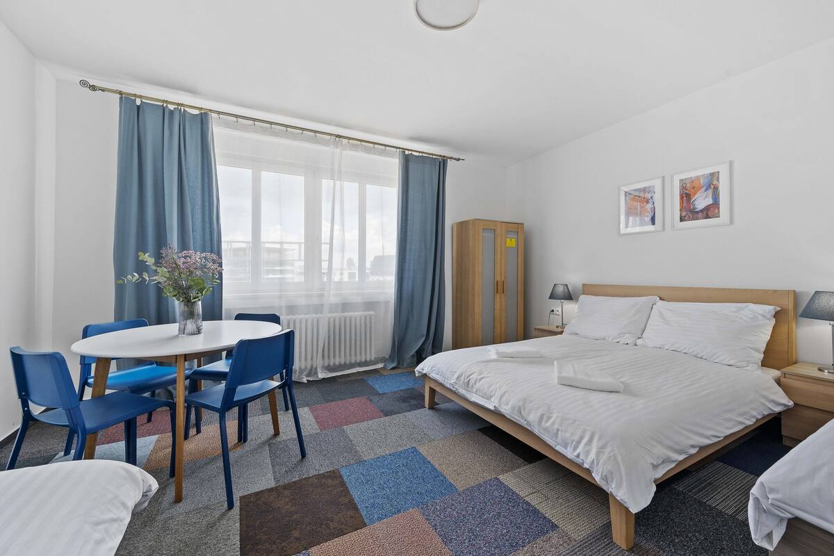 Quarto de hotel com uma cama, uma escrivaninha com cadeiras, um radiador, um guarda-roupa e duas molduras com quadros na parede.