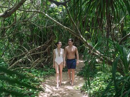 Uma trilha por vegetação densa, com um homem e uma mulher caminhando.