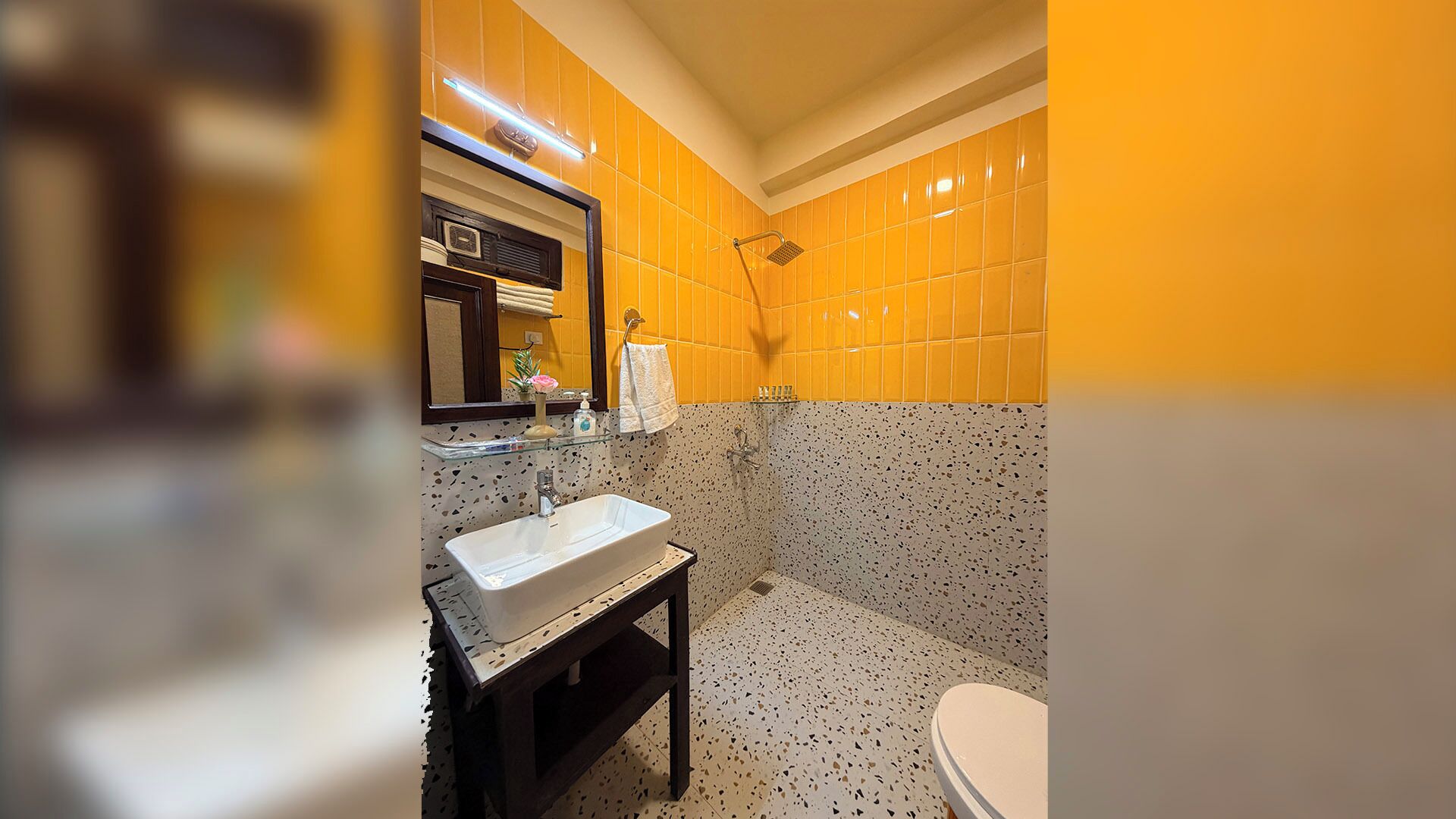 Casa de banho com uma pia branca, um espelho, um chuveiro e uma sanita.
