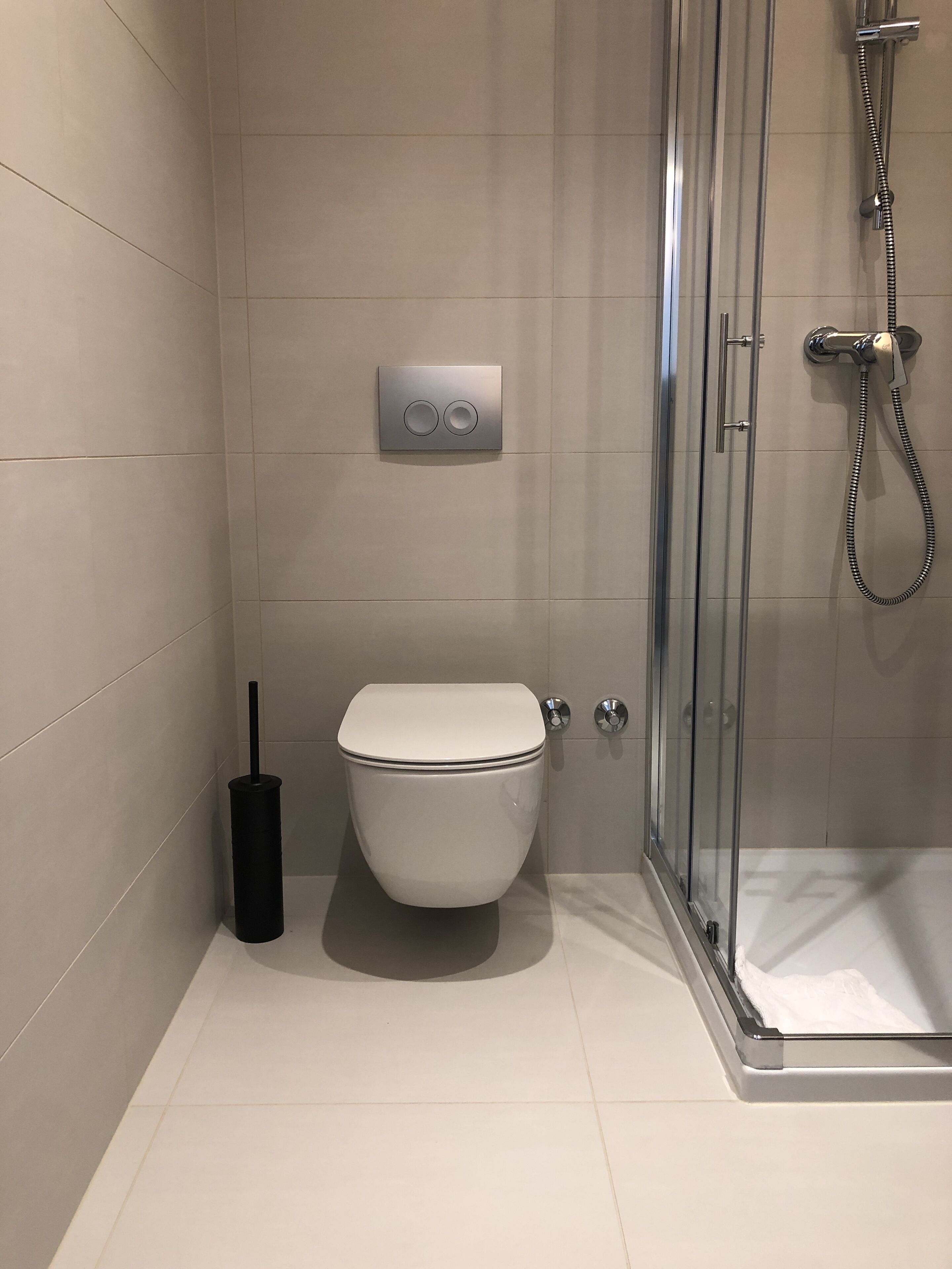 Casa de banho moderna com sanita, chuveiro bidé manual e cabine de duche de vidro.