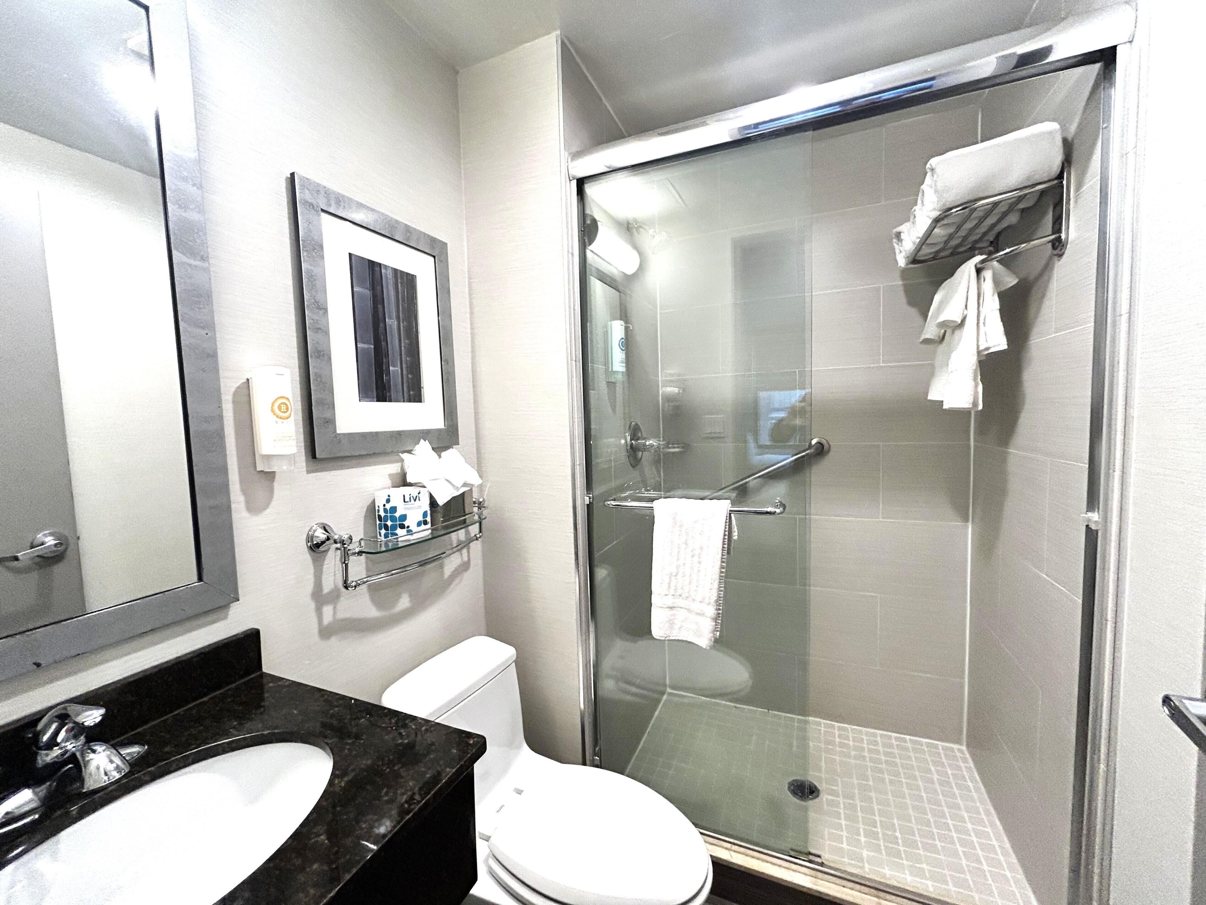 Quarto Standard, 2 camas de casal, não fumadores, Vista para a cidade | Casa de banho | Um polibã e uma banheira separados, artigos de higiene pessoal grátis 