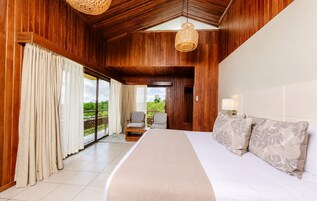 Quarto com cama grande, mesa de cabeceira, abajur e vista para o verde pela janela.