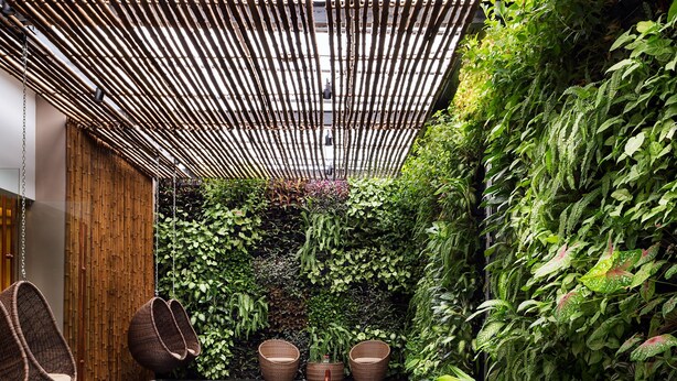 Área de spa com hidromassagem, teto de bambu e vegetação exuberante.