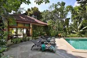 Uma área à beira da piscina com espreguiçadeiras, piscina e vegetação exuberante.