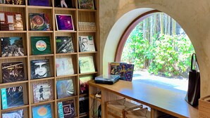 Quarto com estante de madeira cheia de discos de vinil, mesa de madeira e vista para o verde através de uma janela em arco.