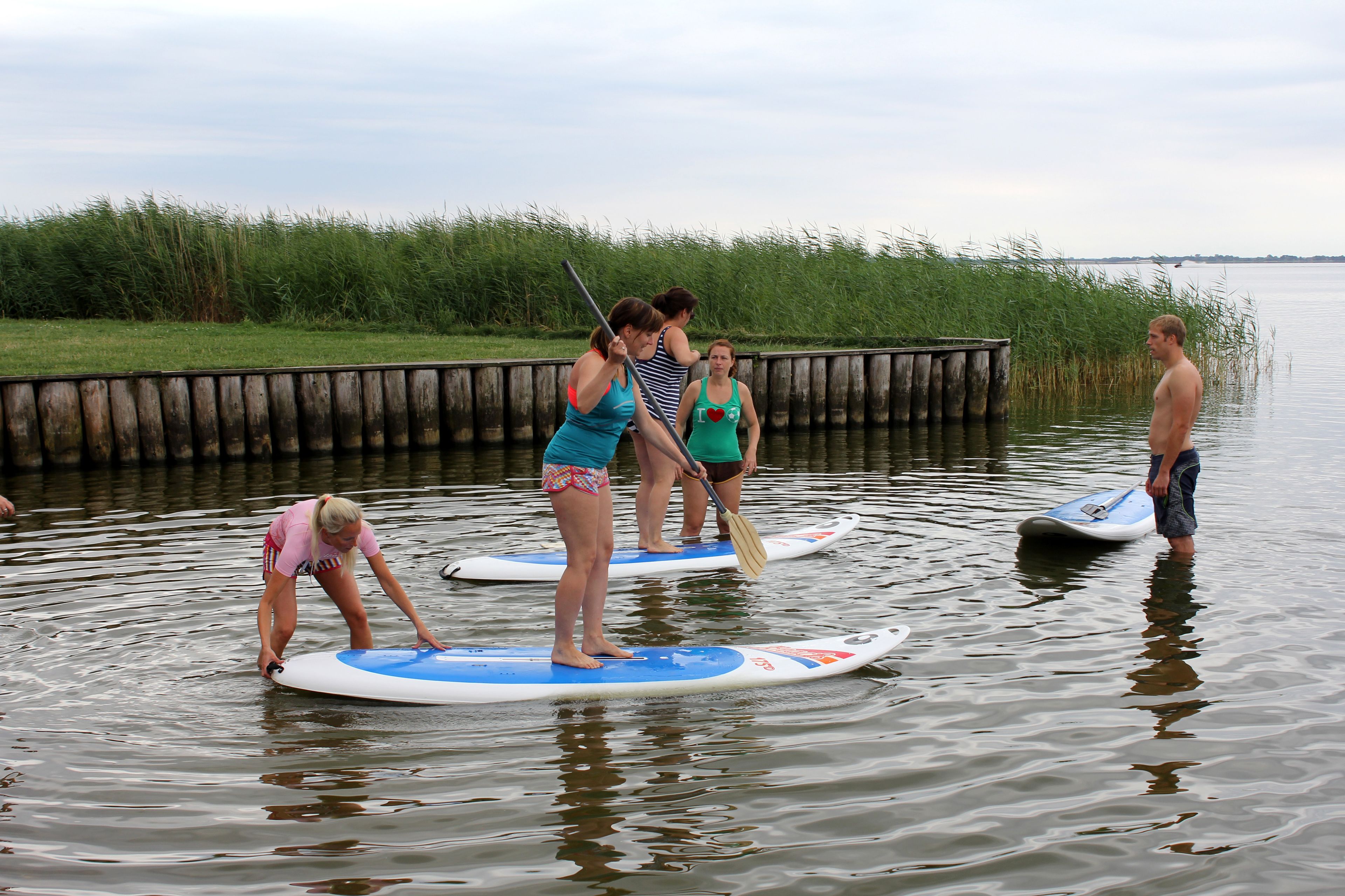 Um grupo de pessoas em pranchas de stand-up paddle em águas calmas.