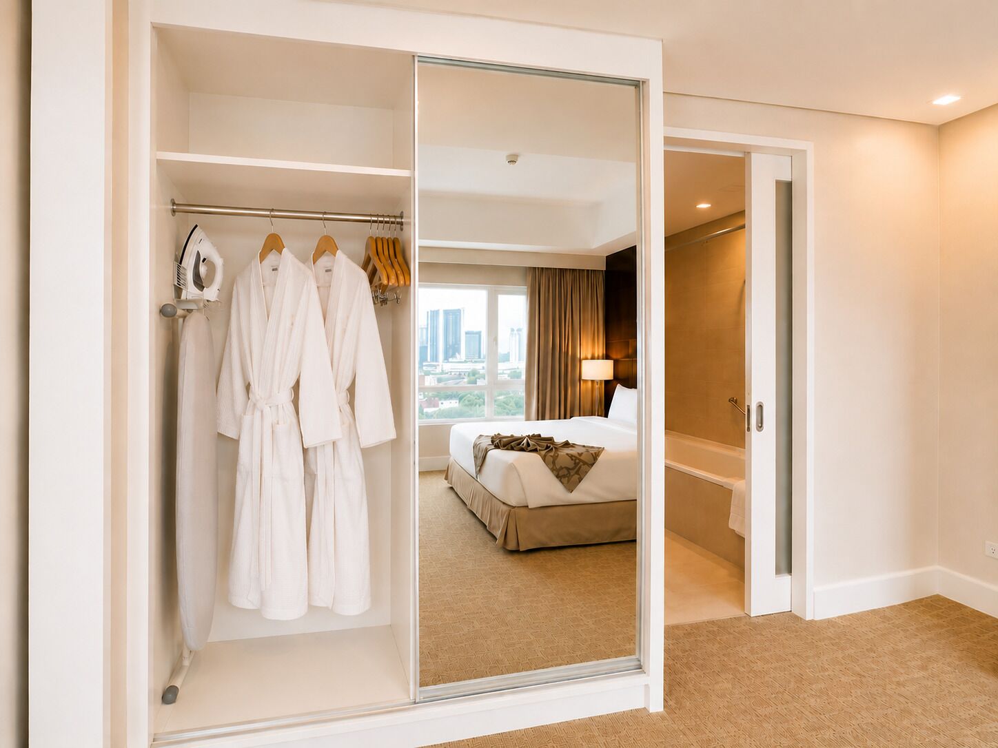 Quarto de hotel com um espelho grande, uma cama, um porta-robes e vista para a cidade.