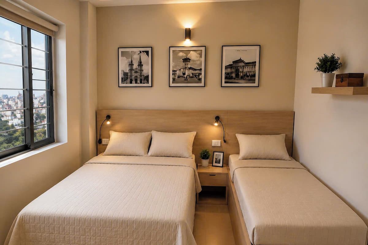 Quarto com cama de casal, vista para a cidade, duas mesas de cabeceira, um criado-mudo e três quadros na parede.