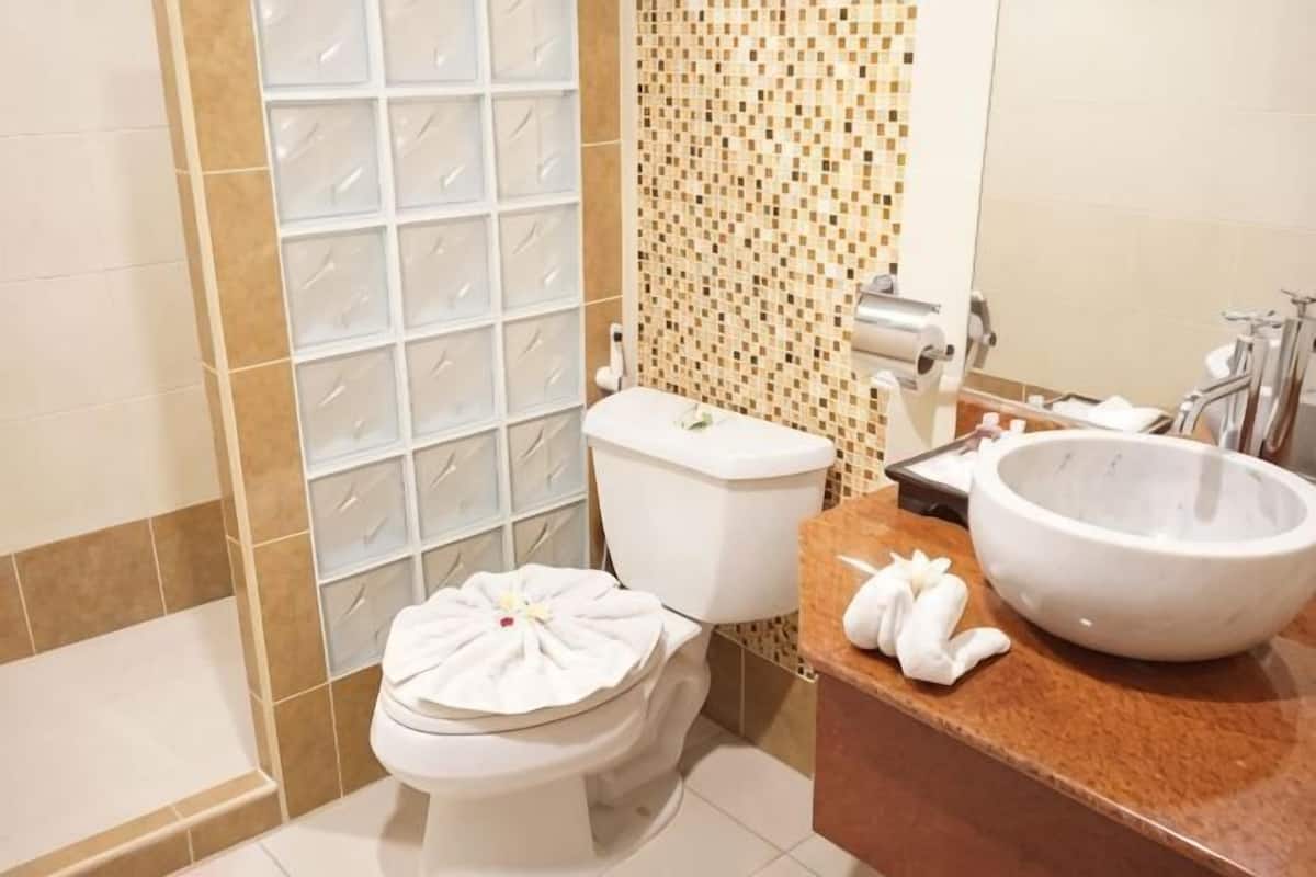 Uma casa de banho com sanita, lavatório e zona de duche.