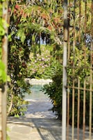 Um caminho de jardim leva a uma área de água, rodeado por vegetação exuberante e plantas floridas.