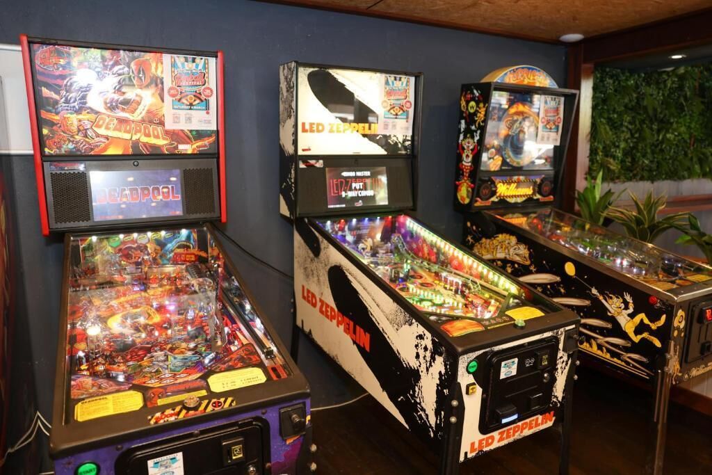 Diversas máquinas de pinball em linha, incluindo uma com tema Led Zeppelin, num espaço com parede verde e planta.