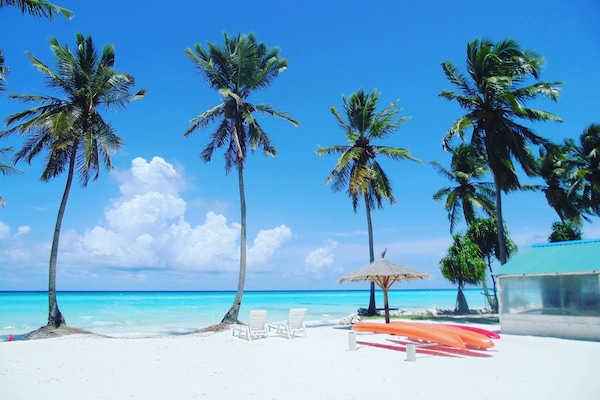 Uma praia privada, praia de areia branca, guarda-sóis de praia