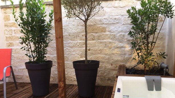 Um deck de madeira com vasos de plantas, um muro de pedra e uma banheira de hidromassagem.