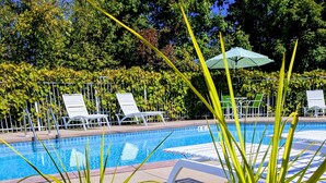 Uma área na piscina com espreguiçadeiras, piscina e vasos de flores.