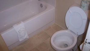 Um banheiro com banheira e vaso sanitário.