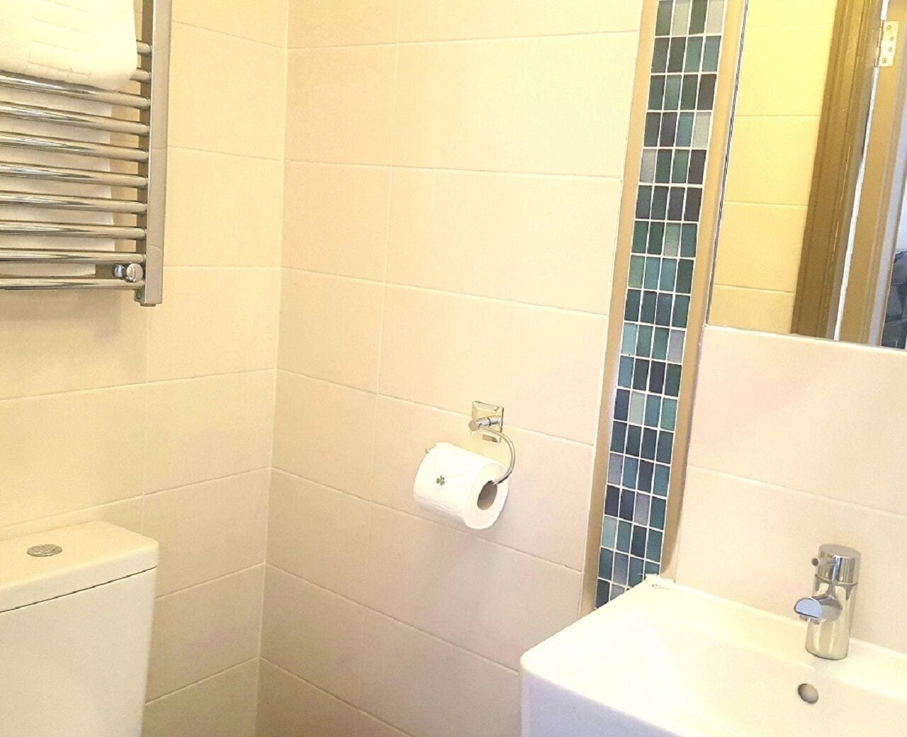 Casa de banho com sanita, lavatório e rolo de papel higiénico na parede.