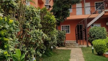 Um edifício com um caminho de pedra que leva a um portão, cercado por vegetação exuberante e diversas plantas.