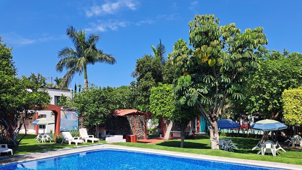 Piscina rodeada por vegetação exuberante, mobiliário de exterior e uma estrutura de pedra.