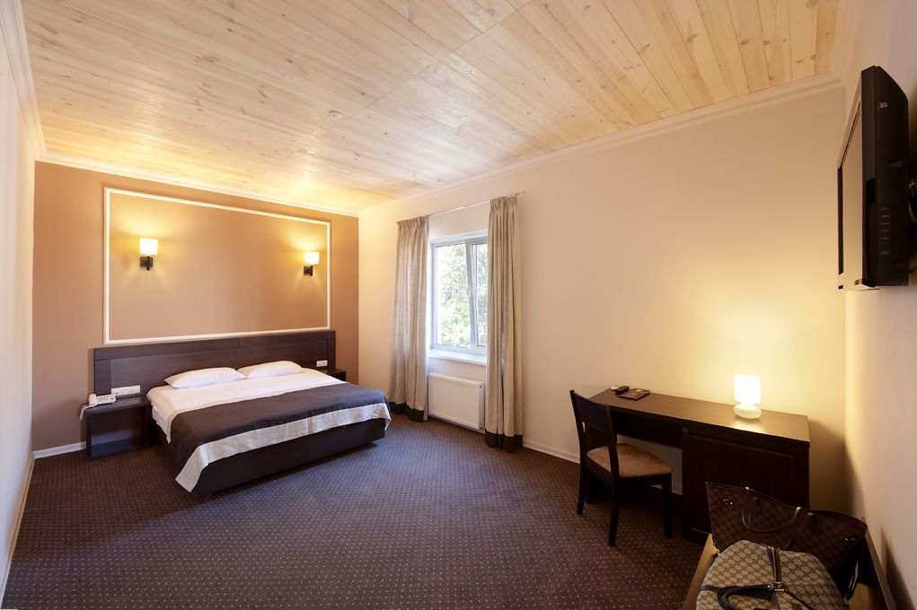Quarto de hotel com cama, mesa de cabeceira, escrivaninha, cadeira e televisão.