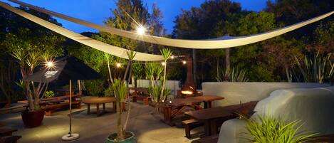 Almoços e jantares servidos, com vista para o jardim