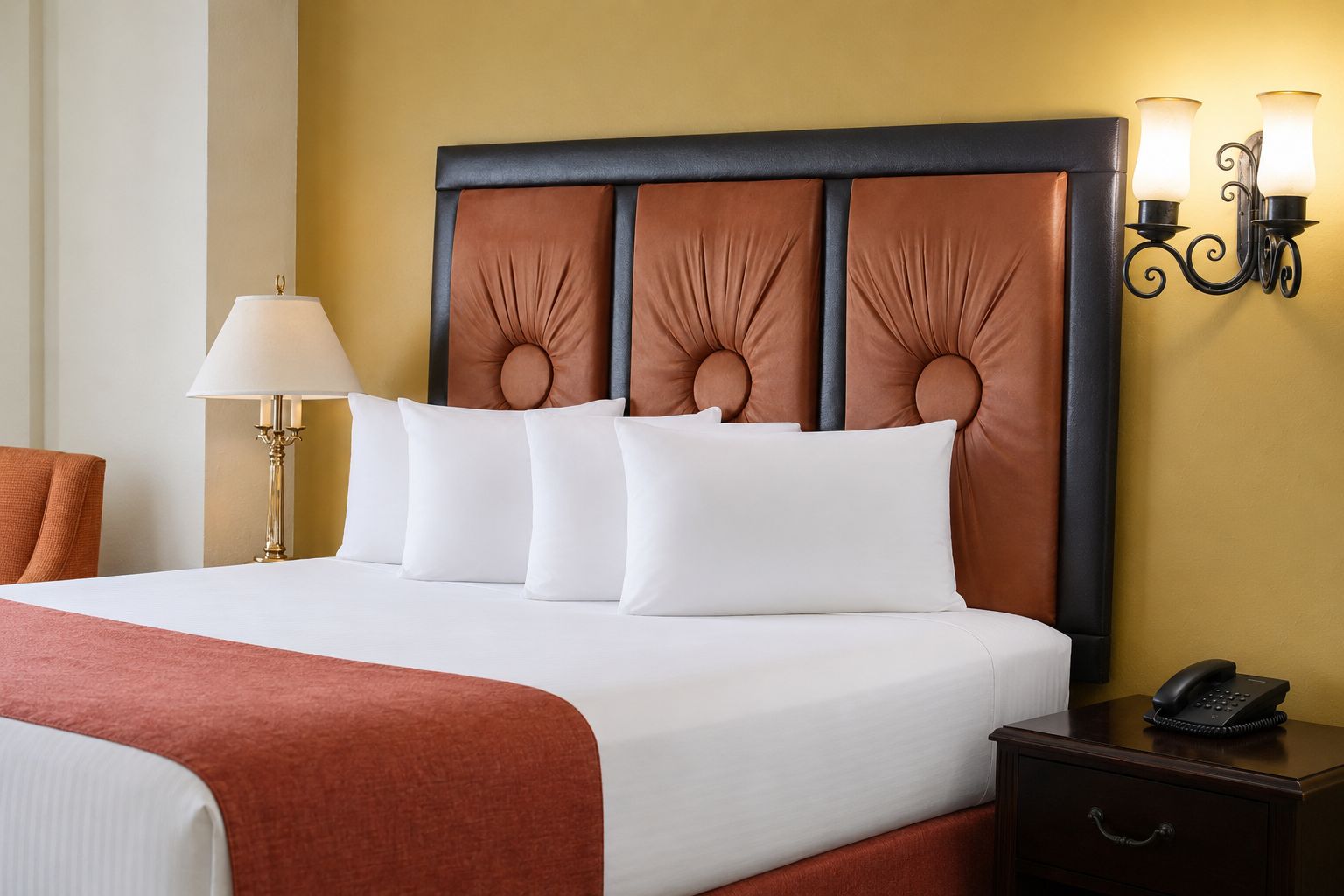 Quarto de hotel com uma cama grande, abajur, telefone em uma mesa de cabeceira e luminária na parede.