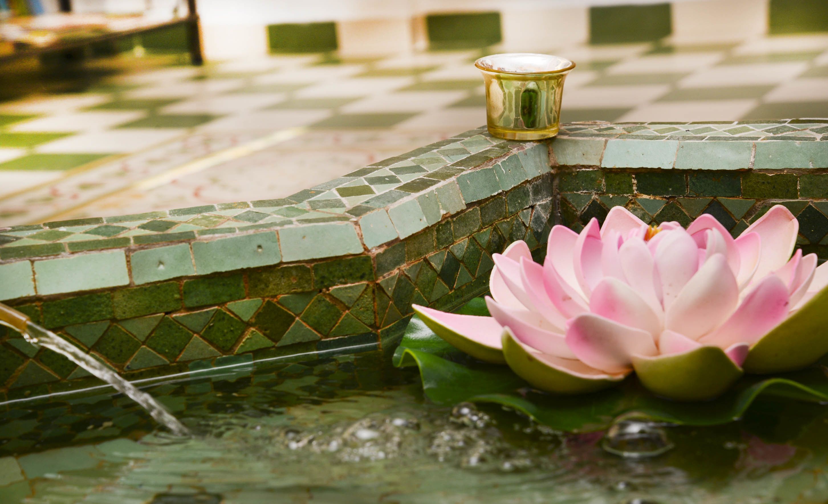 Uma fonte com uma flor de lótus e uma pequena lamparina dourada.