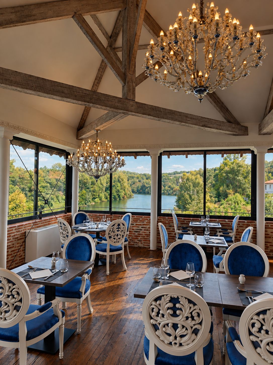 Uma sala de jantar com mesas e cadeiras, grandes janelas com vista para um lago e árvores, e um lustre.
