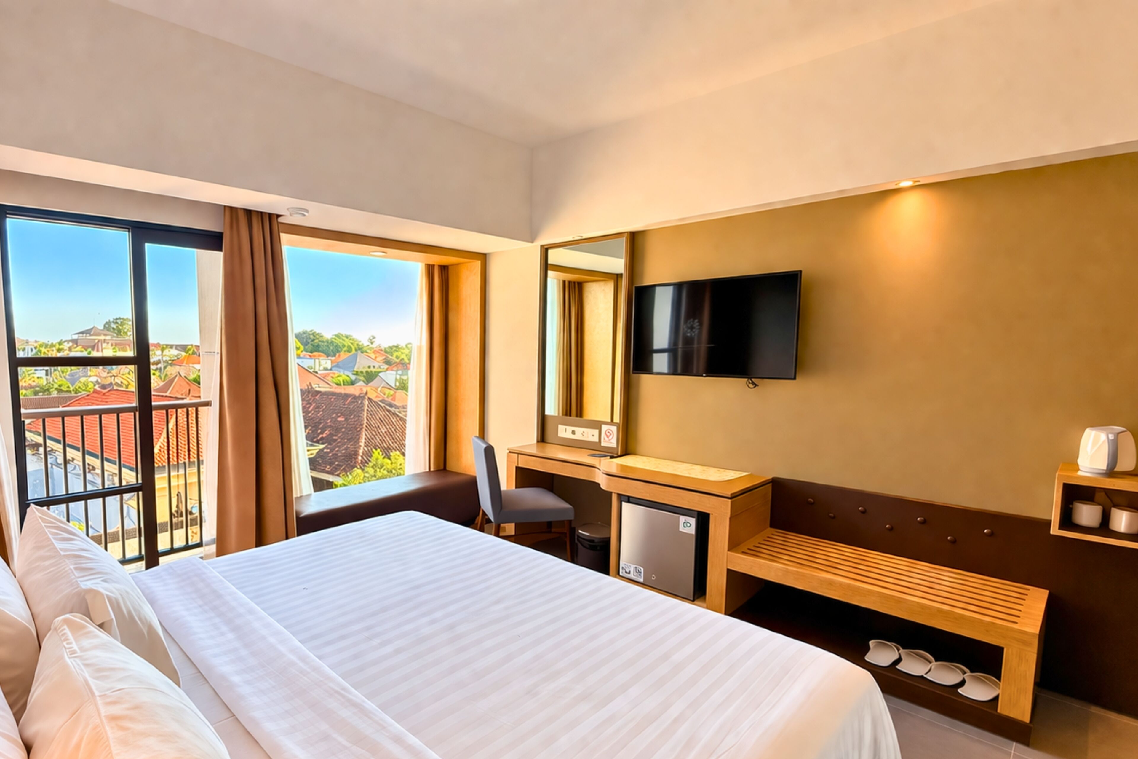 Quarto de hotel com cama, escrivaninha, cadeira, televisão e varanda com vista.