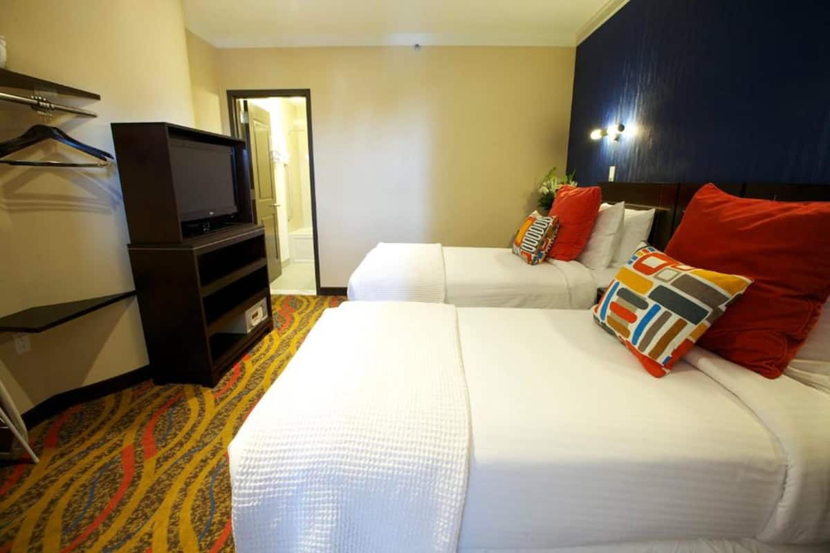 Quarto de hotel com duas camas, uma televisão sobre suporte e um tapete estampado.